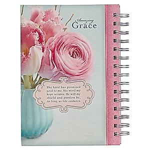Christian Art Gifts Journal w/Scripture Amazing Grace Pink Peonies and Tulips 192 Ruled Pages, Large Hardcover Notebook, Wire Bound