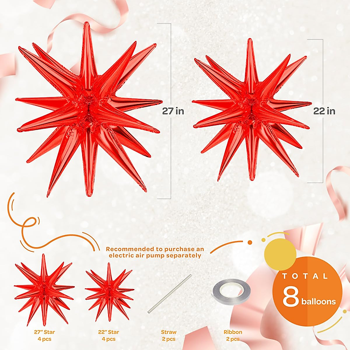 8pcs 14-Pointed One-Piece Exploding Star Large Foil Mylar Balloons, 27 & 22 Inches, Point Star Balloons, Cone Balloons, Great for Birthdays, Baby Showers, Wedding & Anniversary Parties!