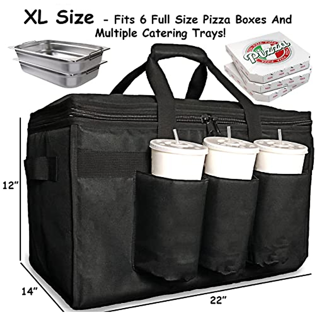 FRESHIE Insulated Food Delivery Bag with Cup Holders/Drink Carriers Premium XXL, Great for Beverages, Grocery, Pizza, Commercial Quality Hot and Cold (XL Pro)