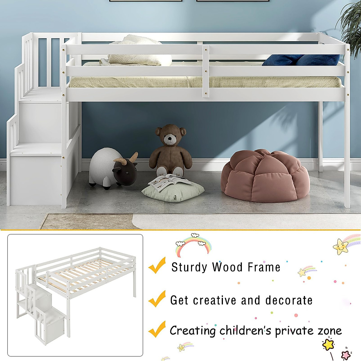 Twin Size Wooden Loft Bed Frames with Storage Staircase, Modern Country Loft Bed with Security Fence, Easy Assemble for Bedroom Small Living Space Boys Girls Adults Teens, Noise Free (White)