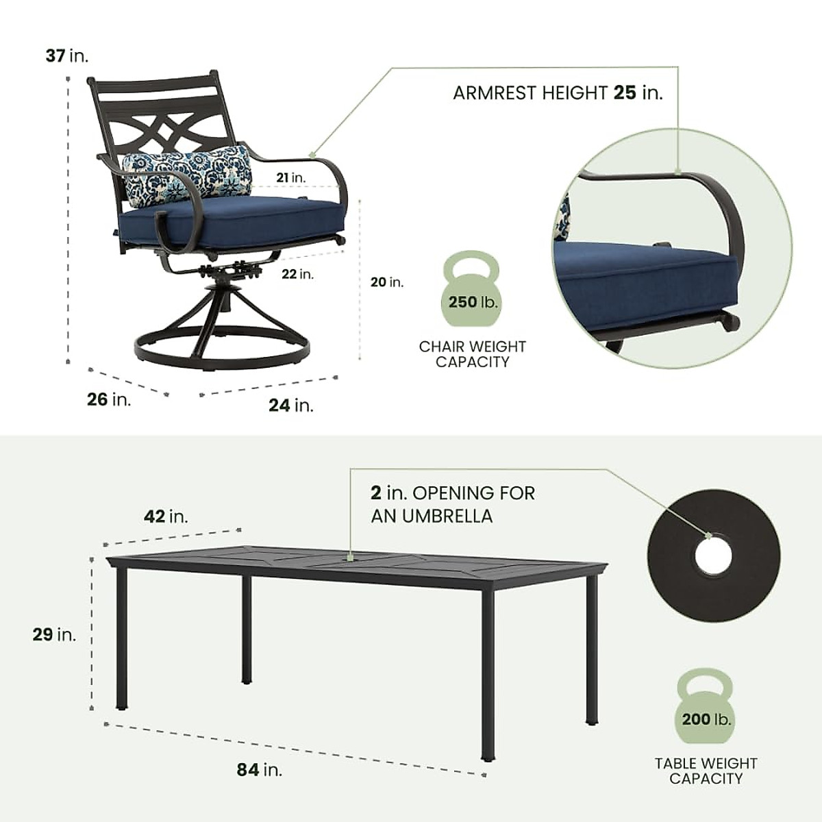 Hanover Montclair 9-Piece Outdoor Dining Set, 8 Swivel Rocker Chairs with Comfortable Seat and Lumbar Cushions, 84"x42" Stamped Rectangle Table, All-Weather Patio Dining Set for 8 for Backyard, Patio