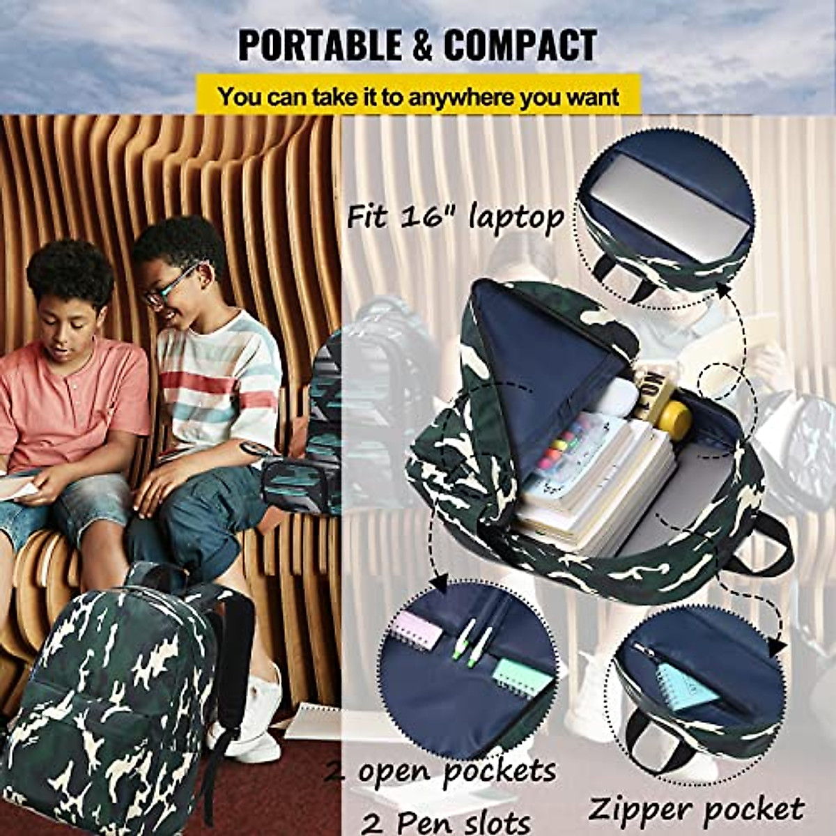 Jumpopack Backpack for Teen Boys Girls Backpack School Backpacks for Kids Backpack for Elementary Middle School Bookbags for Boys Teens and Pencil Case Set (Green Camo)