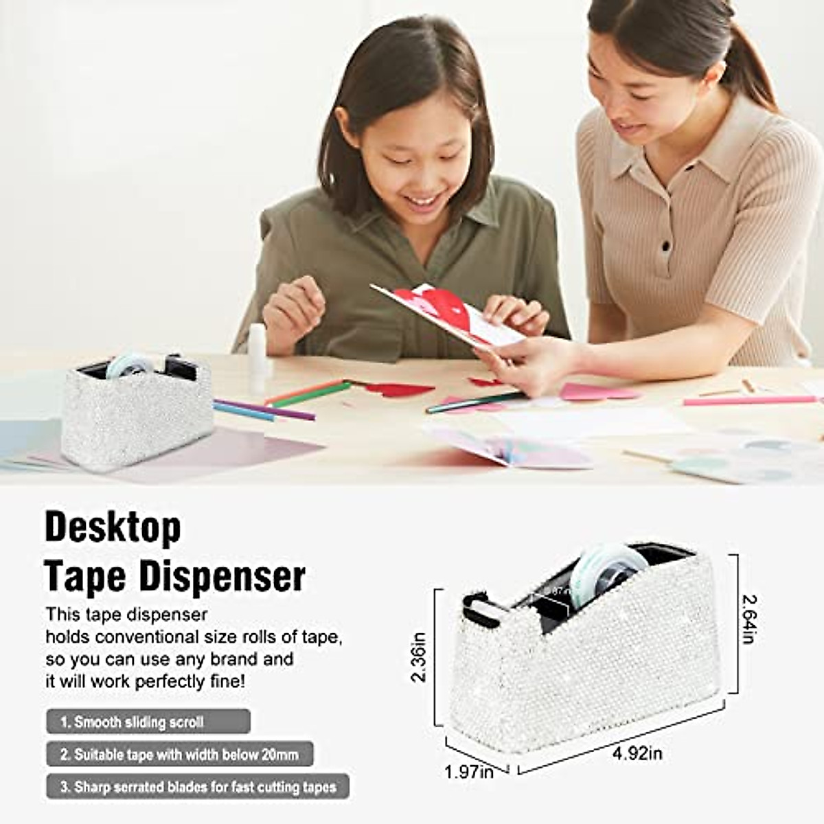 KEYPOWER Bling Crystal Luxury Handmade Diamond Pencil Pen Pot Holder & Stapler & Card Holder & Desktop Tape Dispenser Office Stationery Kit for Fashion Girls Women (White Round)