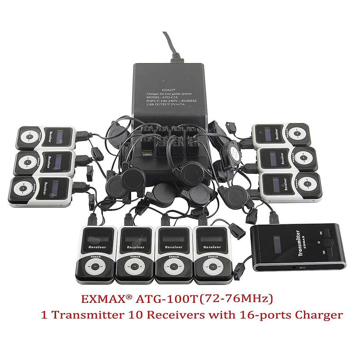EXMAX® EX-100 Wireless Tour Guide System Microphone Earphone Assisted Listening for Church Translation Private Silent Conference Travel City Tour (1 Transmitter 10 Receivers 16-port USB Charging Base)