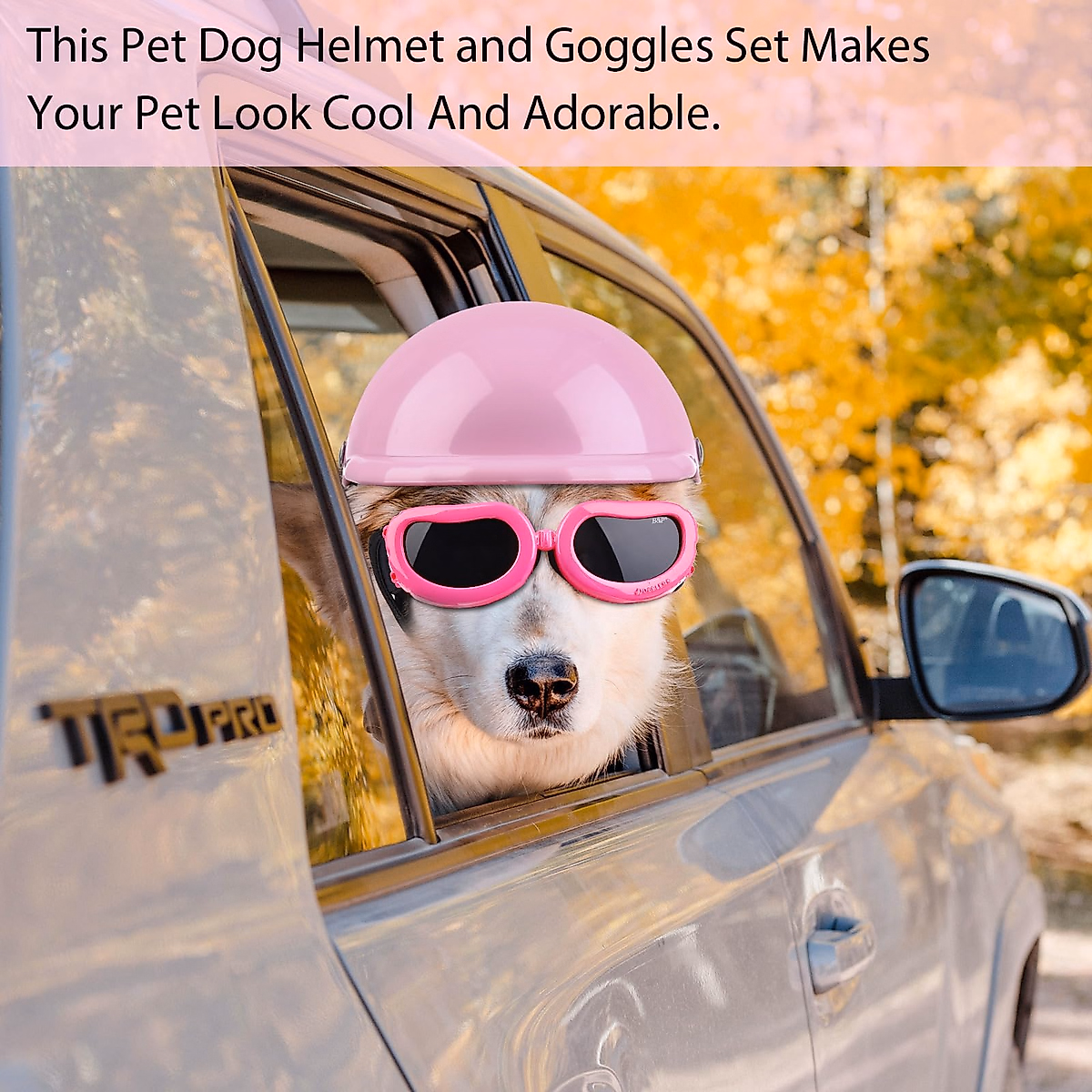 Pet Dog Helmet and Dog Goggles Set 4 Inch Padded Puppy Motorcycle Helmet Sunglasses Safety Cap Hard Hat Adorable Puppy Goggles with Adjustable Belt for Small Pet Riding, S Size(Pink)