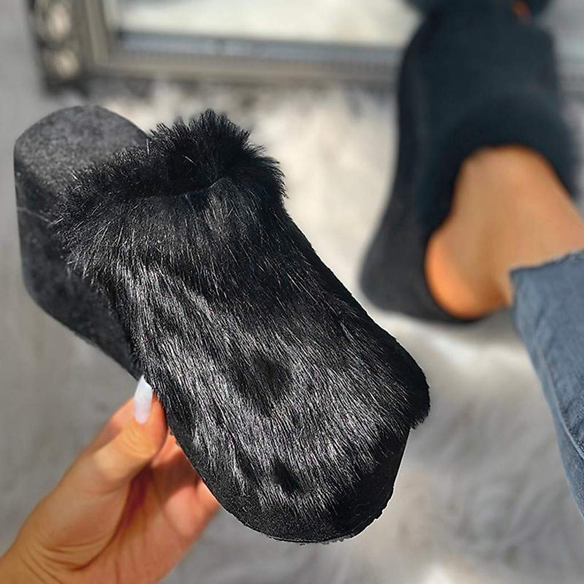 Padaleks Women's Wedge Platform Slide on Sandals Peep Toe Faux Fur Suede Winter Slippers Indoor & Outdoor Shoes