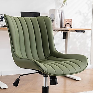 YOUNIKE Green Ergonomic Home Office Desk Chair with Wheels Comfy Armless Criss Cross Chair with Adjustable Back Modern Leather Upholstered Swivel Vanity Chair Small Cute Rolling Task Chair Women Olive