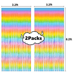 Shiny Rainbow Foil Fringe Curtain - 2pcs 3.2ft x 8.2ft Metallic Tinsel Rainbow Streamers for Photo Booth Backdrop Prop Birthday Wedding Bridal Shower Baby Shower Bachelorette Party Decorations