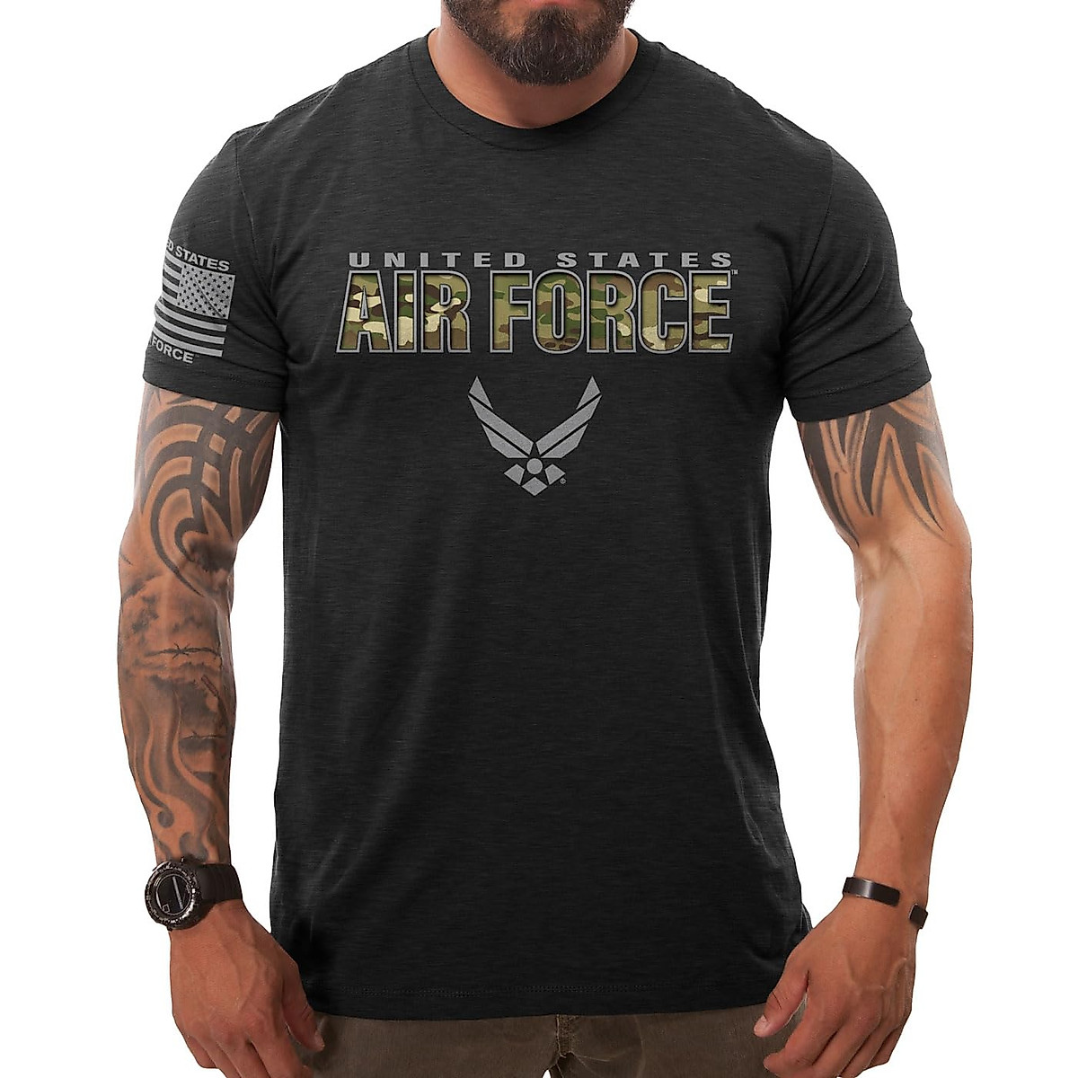 7.62 Design US Air Force Camo Text Men's T-Shirt Heather Black X-Large