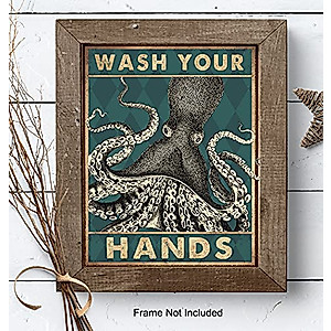 Octopus Nautical Bathroom Wall Art & Decor - Funny Beach Bathroom Decor - Bath Wall Decor - Cute Unique Bathroom Pictures Decorations Poster - Wash Your Hands Sign - Guest Bathroom - Powder Room