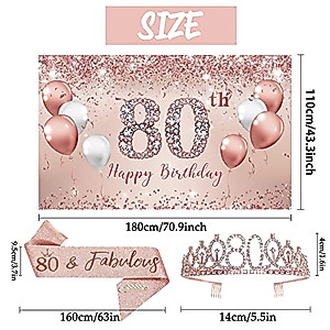 Trgowaul 80th Birthday Decorations for Women, Rose Gold 80th Birthday Backdrop Banner, 80 & Fabulous Sash, 80th Birthday Tiara Crown, Pink Party Supplies, Happy 80 Year Old Birthday Ideas Favor