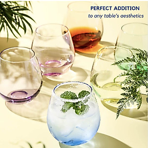 ColoVie Stemless Martini Glasses Set of 6 and Colored Stemless Wine Glasses Set of 6, Colorful Glassware, Drinking Glasses Set, Large Stemless, Red Wine, White Wine