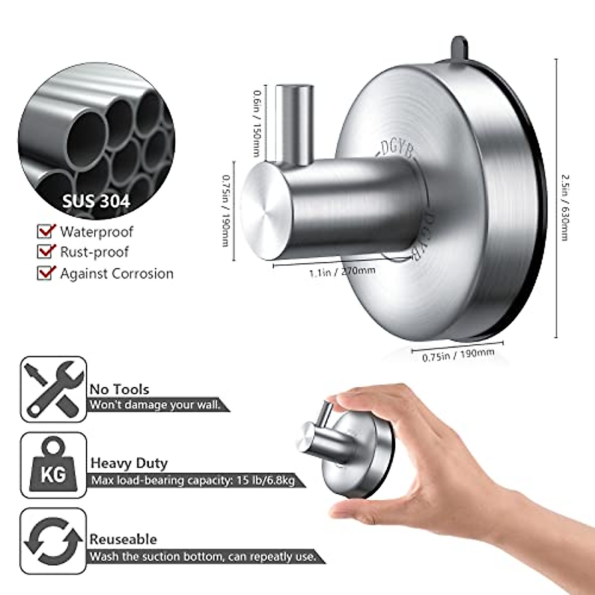 DGYB Suction Cup Hooks for Shower Set of 2 Brushed Nickel Towel Hooks for Bathrooms SUS 304 Stainless Steel Shower Hooks for Loofah 15 Lb Bathroom Hooks for Towels