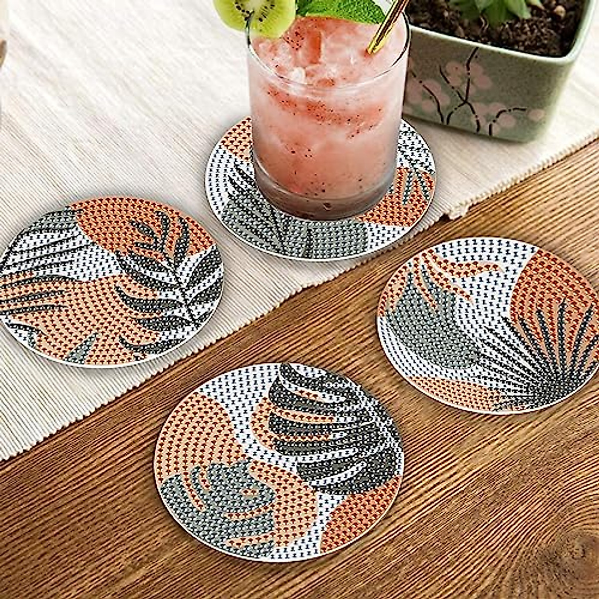 8 Pcs Leaves Diamond Painting Coasters with Holder, DIY Gray Leave Boho Diamond Art Non Slip Coaster for Adults Kids Beginners, Diamond Painting Kits Accessories Art Craft Supplies