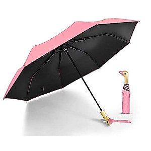 LEAGERA Compact Small Umbrellas for Rain&Sun, Cute Design Duck Head Umbrella for Girls Gifts, 8 Ribs Folding Umbrella with Wooden Handle, Pink