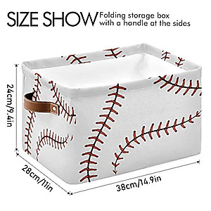 Baseball Stitches Laces Storage Basket Bin Ball Softball Large Fabric Toys Storage Cube Box with Handles Collapsible Closet Shelf Cloth Organizer Basket for Nursery Bedroom