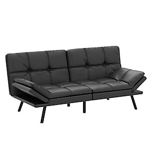 MUUEGM Bed Memory Foam Couch Convertible Sofa Sleeper Modern Faux Leather Futon for Living Room Compact Spaces Office,Adjustable Backrest Armrest Sofabed, Black