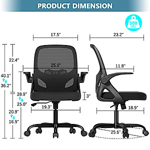 Kensaker Office Desk Chair with Lumbar Support Ergonomic Mesh Office Chair with Wheels and Flip-up Armrests Adjustable Height Swivel Computer Chair for Home and Office (Black)