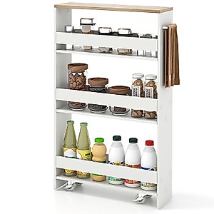 COSTWAY Slim 4-Tier Rolling Utility Cart, Wooden Shelving Unit with Handle & Wheels, Ideal for Small Spaces