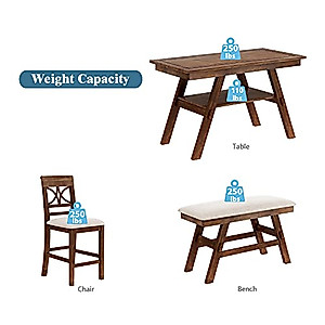 Merax 6-Piece Rustic Style Wood Counter Height Dining Table Set with Storage Shelf, Bench and 4 Chairs, Walnut+Beige