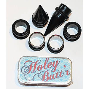 Zaya Body Jewelry 3 PAIRS of Black Tapers, Steel Tunnels, Silicone Plugs AND Holey Butt'r Ear Stretching Kit gauges Sizes 14g-1 inch (7/8)