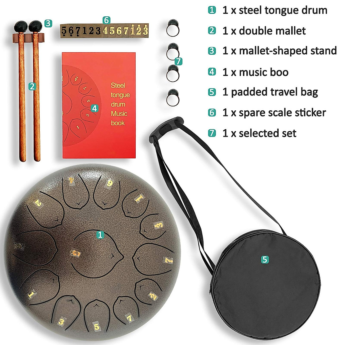 Sidasu Steel Tongue Drum 13 Notes 12 Inches Percussion Instrument Handpan Drum with travel Bag Music Book Mallets steel tongue drum stand（ 13 Notes 12 Inches, Bronze）