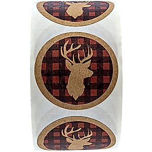 1.5" Round Kraft Buffalo Plaid Deer Head Holiday Label / 500 Northwoods Christmas Holiday Seal