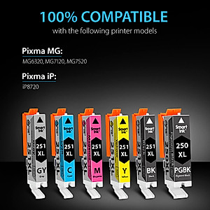Smart Ink Compatible Ink Cartridge Replacement for Canon PIXMA CLI-251XL PGI-250XL PGI 250 CLI 251 ( 1PGBK & 1BK/C/M/Y/GY 6 Combo Pack ) to use with iP8720 MG6320 MG7120 MG7520