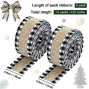 2 Rolls Christmas Buffalo Plaid Wired Edge Ribbons Christmas Tree Burlap Fabric Craft Ribbon Wrapping Ribbon with Checkered Edge, 216 Inch (Black and White,1.5 Inch Width)