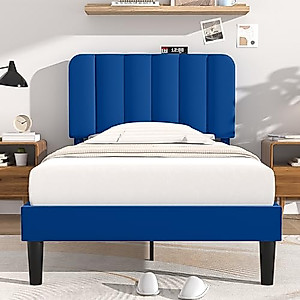 VECELO Twin Size Upholstered Bed Frame with Adjustable Headboard, Velvet Platform Bedframe Mattress Foundation, Strong Wood Slat Support, No Box Spring Needed, Dark Blue