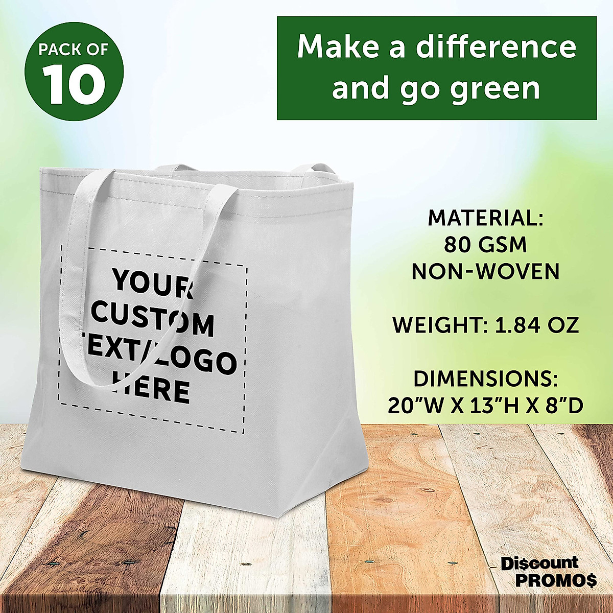 DISCOUNT PROMOS Custom Southern Style Grocery Tote Bags Set of 10 - Personalized Bulk Pack, Reusable Grocery & Shopping Bags - Great for Travel, Carry on Bag, Business Promotions - White - 20"X13"X8"