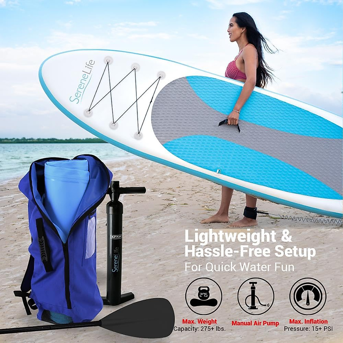 SereneLife Stand up Paddle Board Inflatable - Non-Slip SUP Paddle Board Paddle, Pump, Leash, and Accessories - Fun Water inflatable paddle board for Adults and Youth with Wide Stable Design