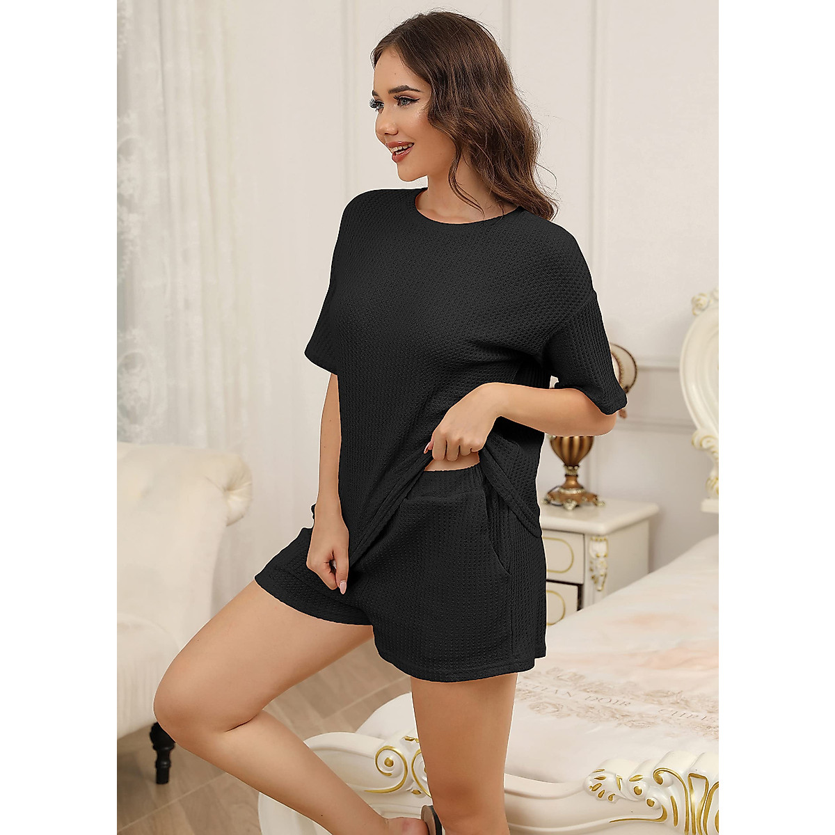 Ezbelle Womens 2023 Fall Fashion Crop Pullover Lounge Sets Two 2 Piece Pajama Sweatsuits Outfits Casual Soft Knit Loungewear Clothes Black Medium