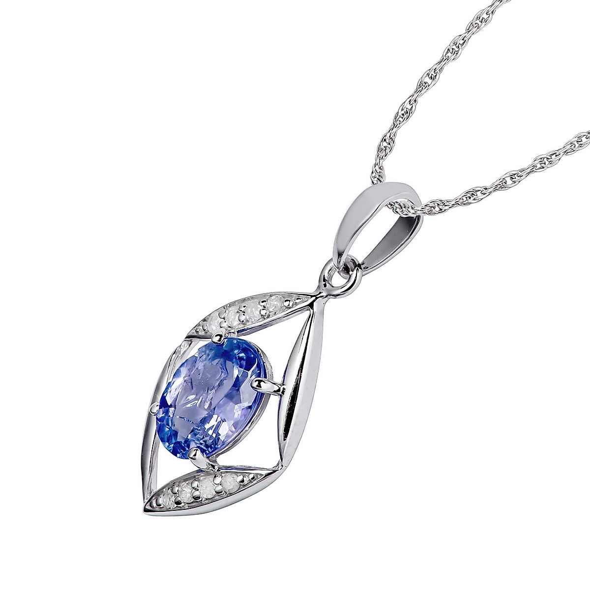 10k White Gold Genuine Oval Tanzanite and Diamond Pendant Necklace