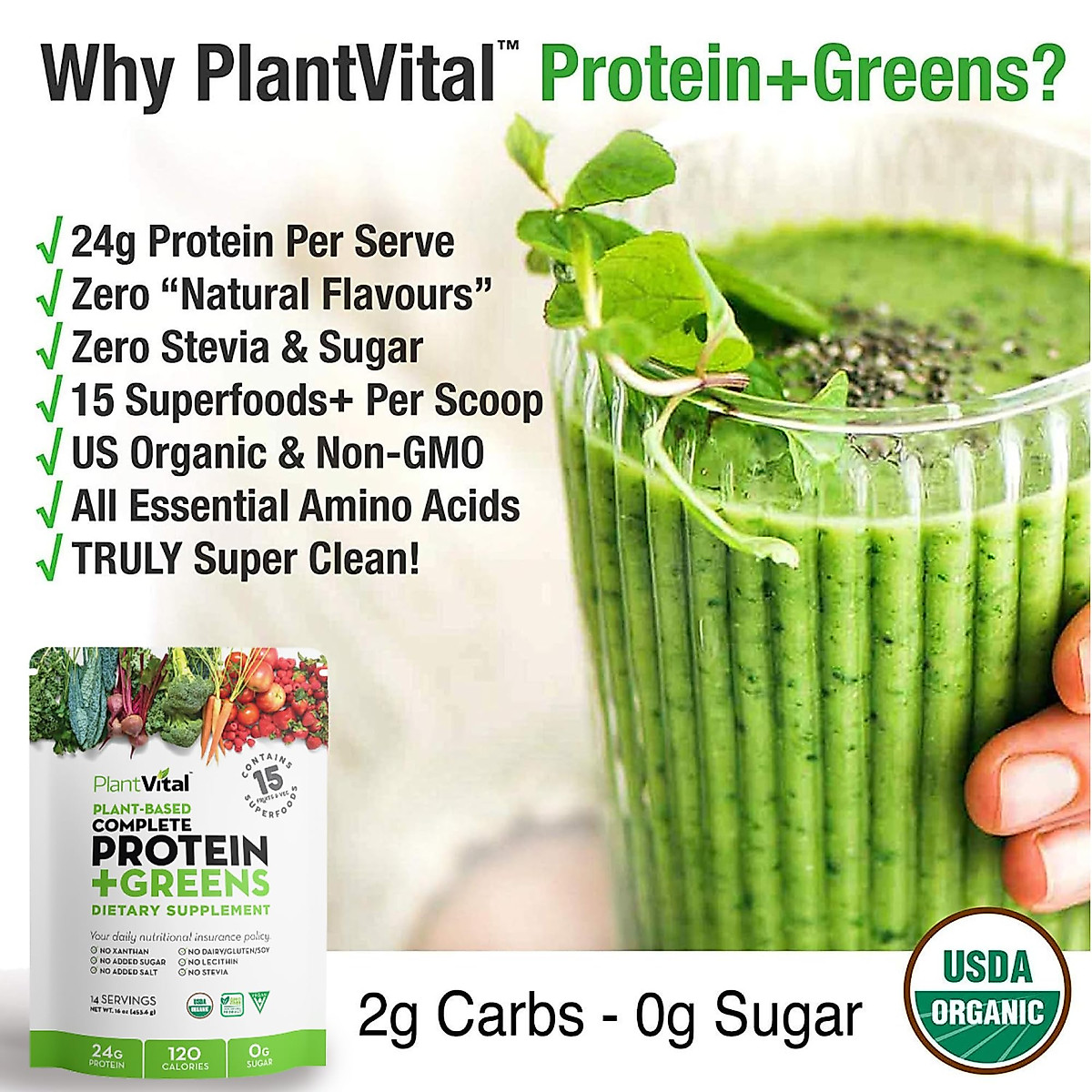 Plantvital Unflavored Organic Vegan Protein Powder - 15 Superfoods, Veggies and Probiotics - Organic Plant-Based Protein Powder - All BCAA’s, Gluten Free - 16oz -1 Pouch