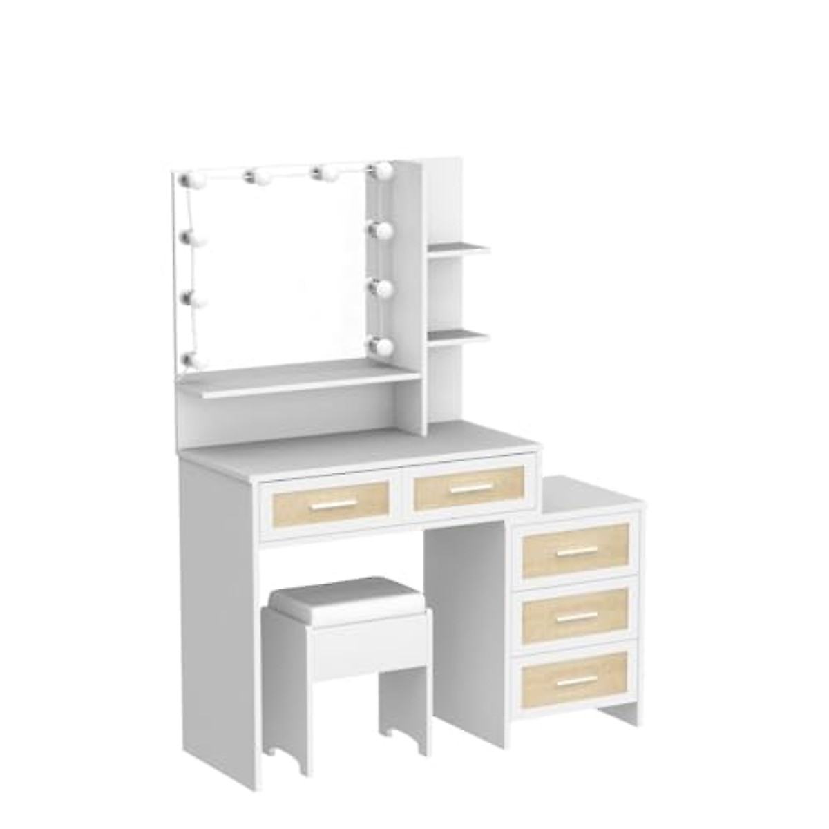 Maupvit Rattan Vanity Desk with Mirror and Lights, Boho Makeup Vanity Table Set with Nightstand, 5 Drawers & 10 Bulbs, Metal Silver Handle, 3 Open Shelves, Dressing Table with Cushioned Stool (White)
