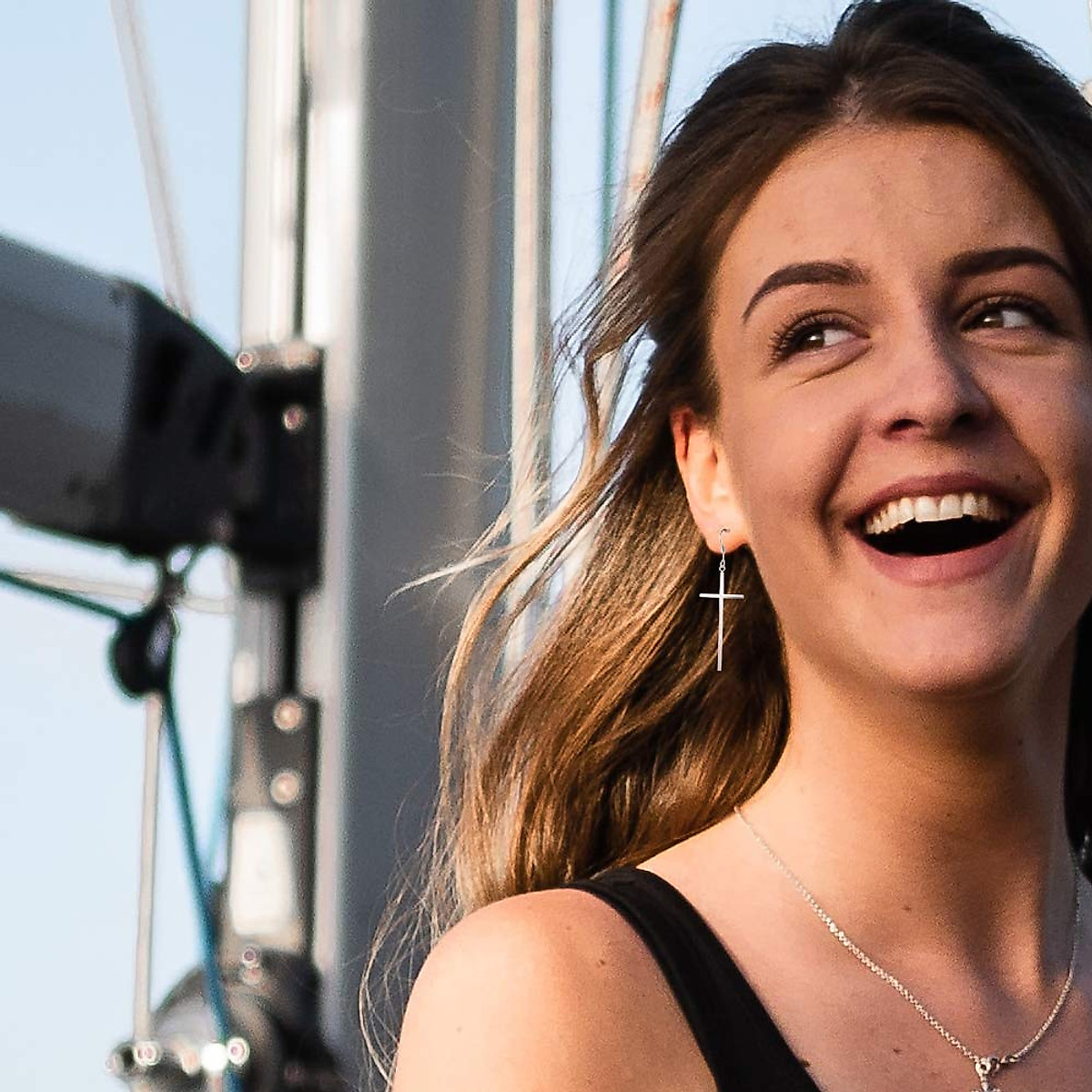 Jeka Cross Long Dangle Earrings for Women Stainless Steel Hypoallergenic Drop Fashion Minimalist Jewelry Silver Christian Religious Easter Gifts for Women