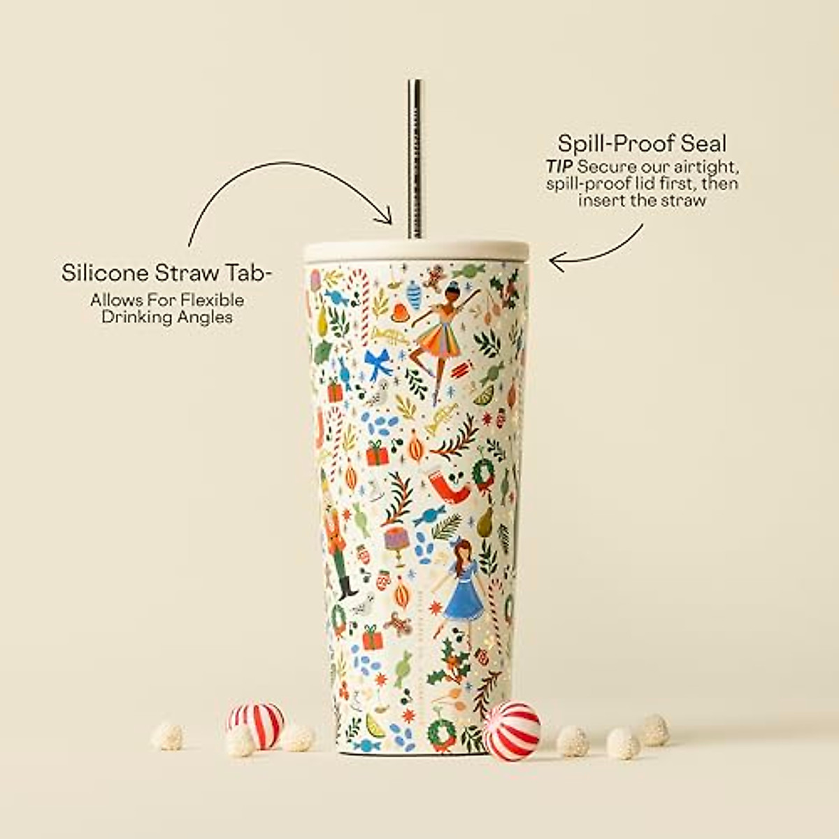 Corkcicle x Rifle Paper Co. Nutcracker Ballet Cold Cup Insulated Tumbler with Lid and Straw, 24 oz – Reusable Water Bottle - Beverages Cold for 12hrs, Hot 5hrs – Cupholder Friendly, Flexible Sip Lid