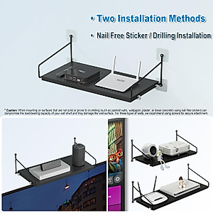 Wisfame Black Floating Shelf for AV Device, Wooden Wall Shelves for Projector, DVD Player, Cable Boxes, Modem, WiFi Router, Wall Mounted Shelf for Living Room, Bedroom, Bathroom (1 Tier)