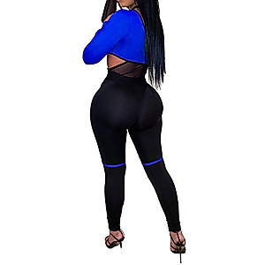 Uni Clau Women's Sheer Mesh Two Piece Jumpsuits See Through Long Sleeve Bodysuit Skinny Long Pants Club Romper Blue S