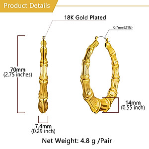 U7 Bamboo Earrings Women 18K Gold Plated 70MM Large Hoops Boho Jewelry Statement Door Knocker Earrings