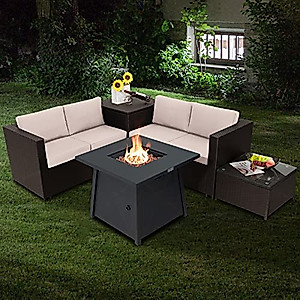 Tangkula 5 Piece Patio Furniture Set with 50,000 BTU Propane Fire Pit Table, Outdoor Wicker Conversation Set w/Cushions, Storage Box and Tempered Glass Coffee Table, 30” Gas Fire Pit Table (Beige)