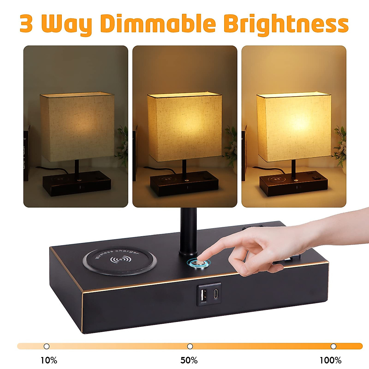 Kukobo Bedside Table Lamp with Wireless Charger, Touch Control Table Lamp for Bedroom Living Room, 3 Way Dimmable Nightstand Lamp with Type C + USB Port and 2 AC Outlets, 6W Blub Inclued(Black).