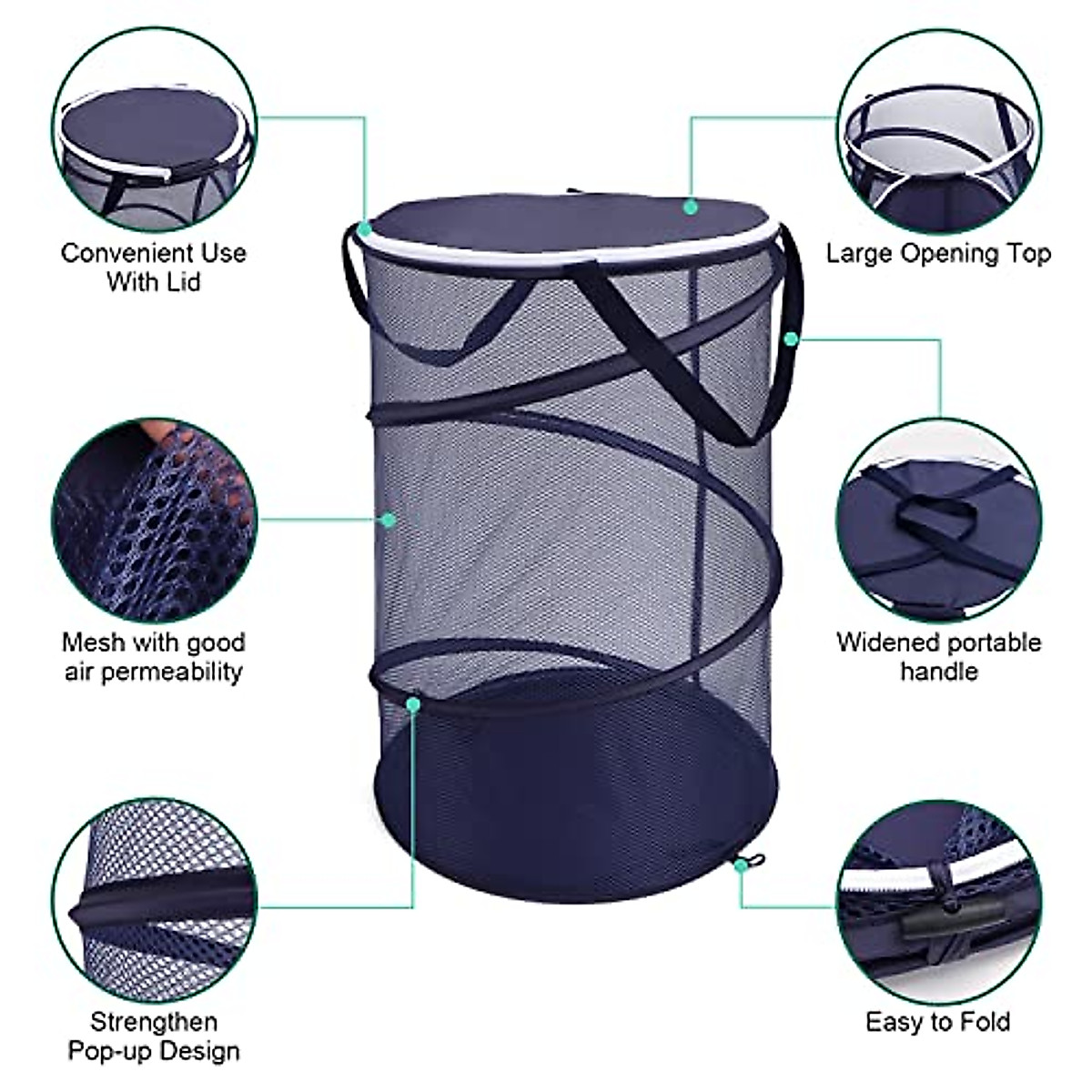 2 Pack Pop Up Laundry Hamper with Lid, Foldable Laundry Basket with Handles,75L Large Portable Dirty Clothes Hampers, Mesh Zip Round Laundry Baskets, Collapsible Toy Storage Baskets Dorm Organization