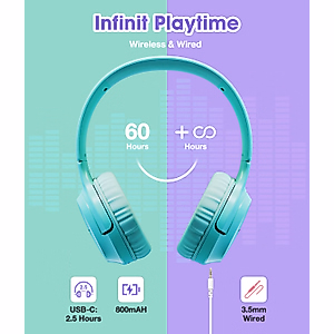 KONNAO Kids Headphones Wireless 60H, Foldable On Ear Headphone with MIC, Volume Limiter 85dB/94dB Wireless & Wired Headphones, Over-Ear Headphone for Kid Adult School Online Class Travel, Green