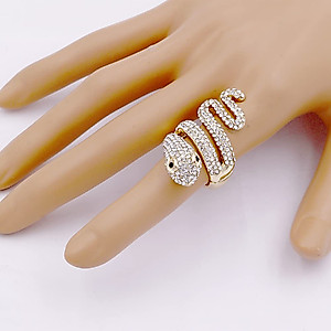 Lavencious Snake Stretch Statement Rings with Rhinestones for Women Size for 7-9 (Gold - Clear)