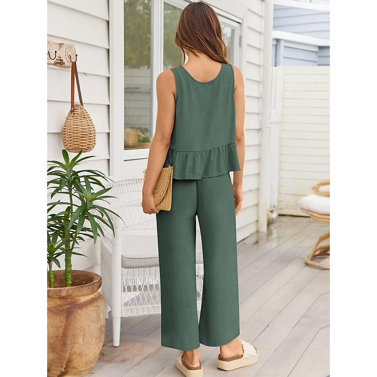 AUTOMET Womens Summer 2 Piece Outfits Linen Crop Tank Tops Lounge Matching Sets & Long Track Pants Tracksuits 2025 Blue Grey S