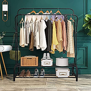 RELIANCER Heavy Duty Deluxe Double-Rail Garment Rack w/ 2 Tier Shoe Shelves 140lb Capacity Large Clothes Hanging Rack Commercial Clothing Organizer Indoor Bedroom Store Coat Hanger Holder