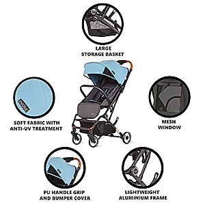 Evolur Baby Stroller Compact Lightweight Urban City Stroller with Anti UV Treatment and Mesh Material with Large Basket for Storage, Blue