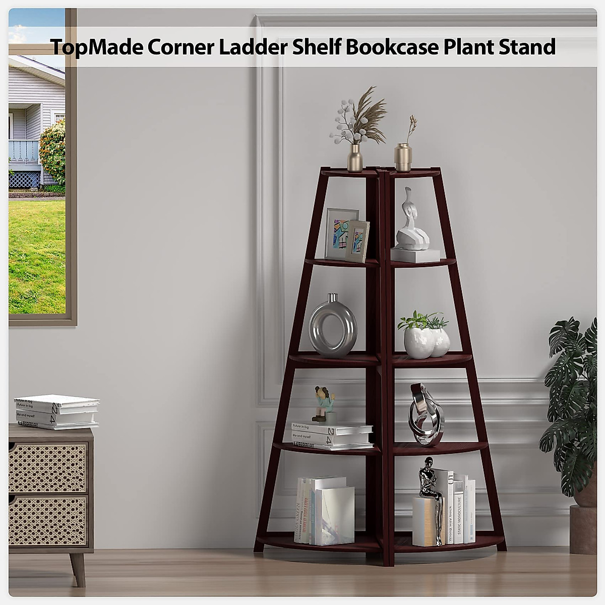 Corner Shelf, TopMade 5-Tier Corner Shelf Stand Industrial Ladder Bookcase Small Storage Rack Bookshelf Float Corner Shelves Wood Furniture Plant Stand for Living Room Kitchen Home Office-Rustic Brown